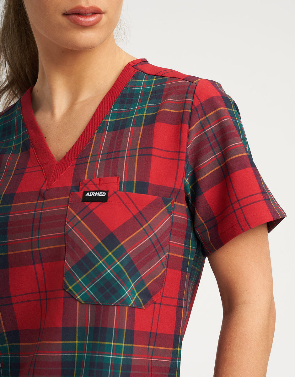 Essential One Pocket V Neck Scrub Top - Christmas Red Tartan – Airmed Scrubs