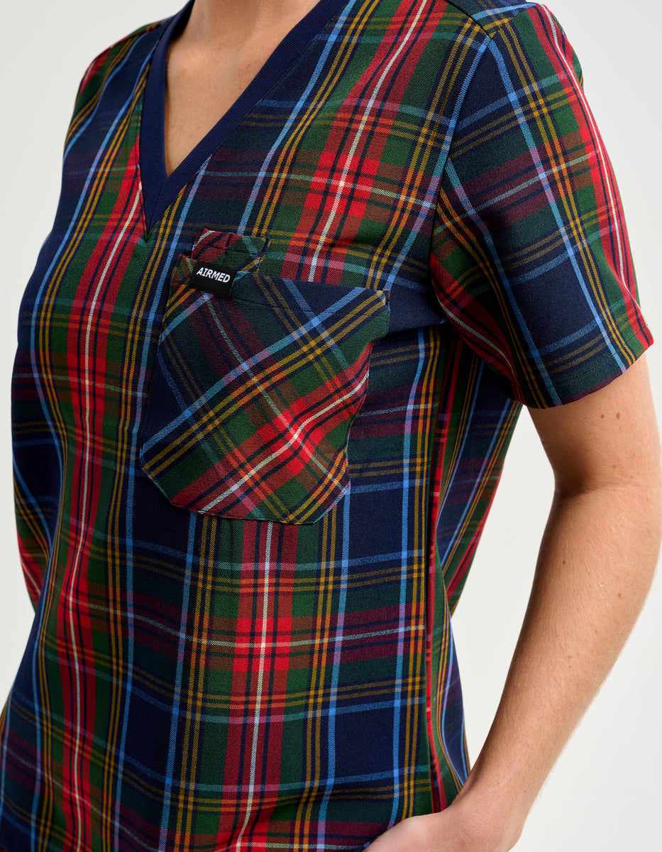 Essential One Pocket V Neck Scrub Top - Christmas Blue Tartan – Airmed Scrubs
