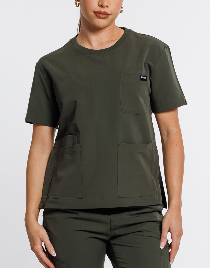 Women's Essential Crewneck Scrub Top - Khaki Green – Airmed Scrubs