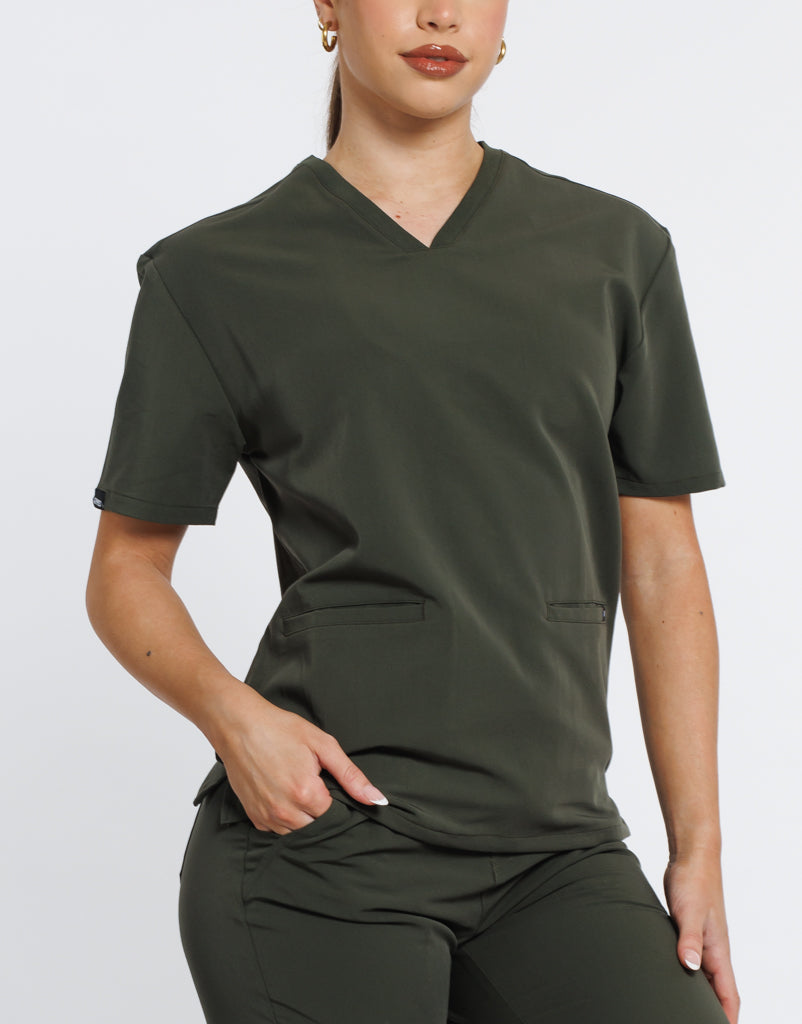 Essential Everyday V Neck Scrub Top - Khaki Green – Airmed Scrubs