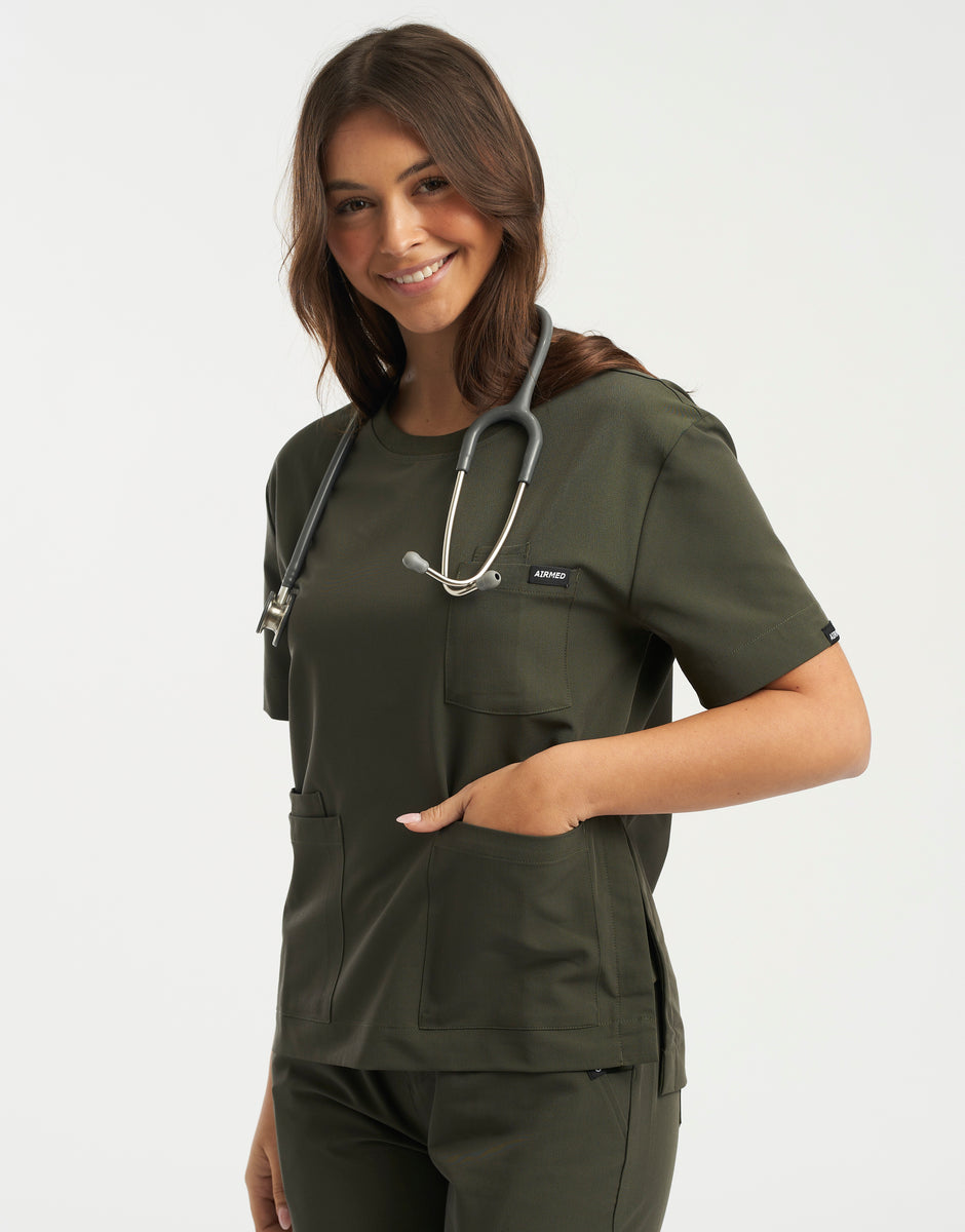Women's Essential Crewneck Scrub Top - Khaki Green – Airmed Scrubs