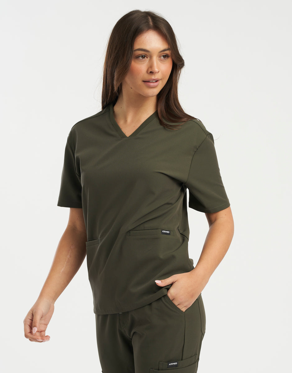 Essential Everyday V Neck Scrub Top - Khaki Green – Airmed Scrubs